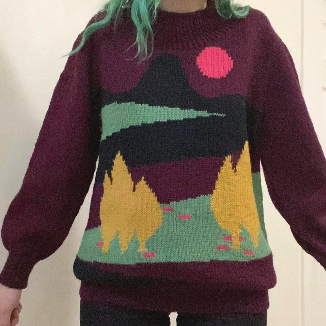 80s Vintage Handmade Scenic Skyline Chunky Knit Wool Mock Neck Sweater ...