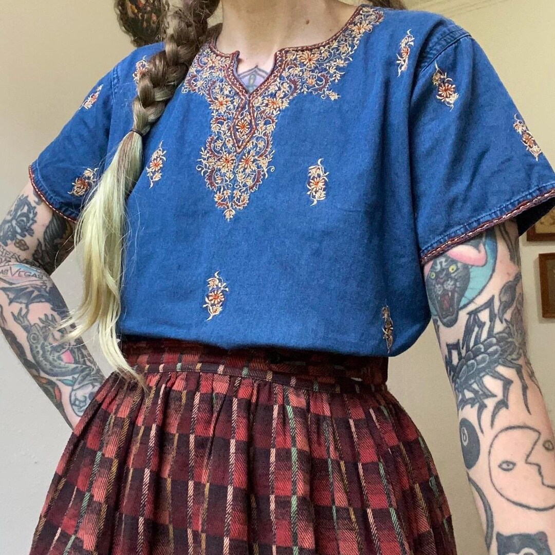 Vintage Paisley Embroidered Indian Denim Top - Etsy