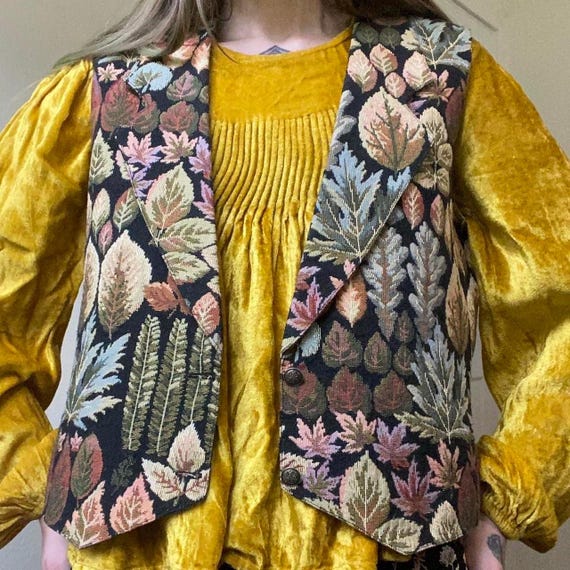 Vintage botanical print book tapestry vest - Gem