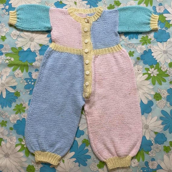 1960s vintage hand knit patchwork pastel clown baby o… - Gem