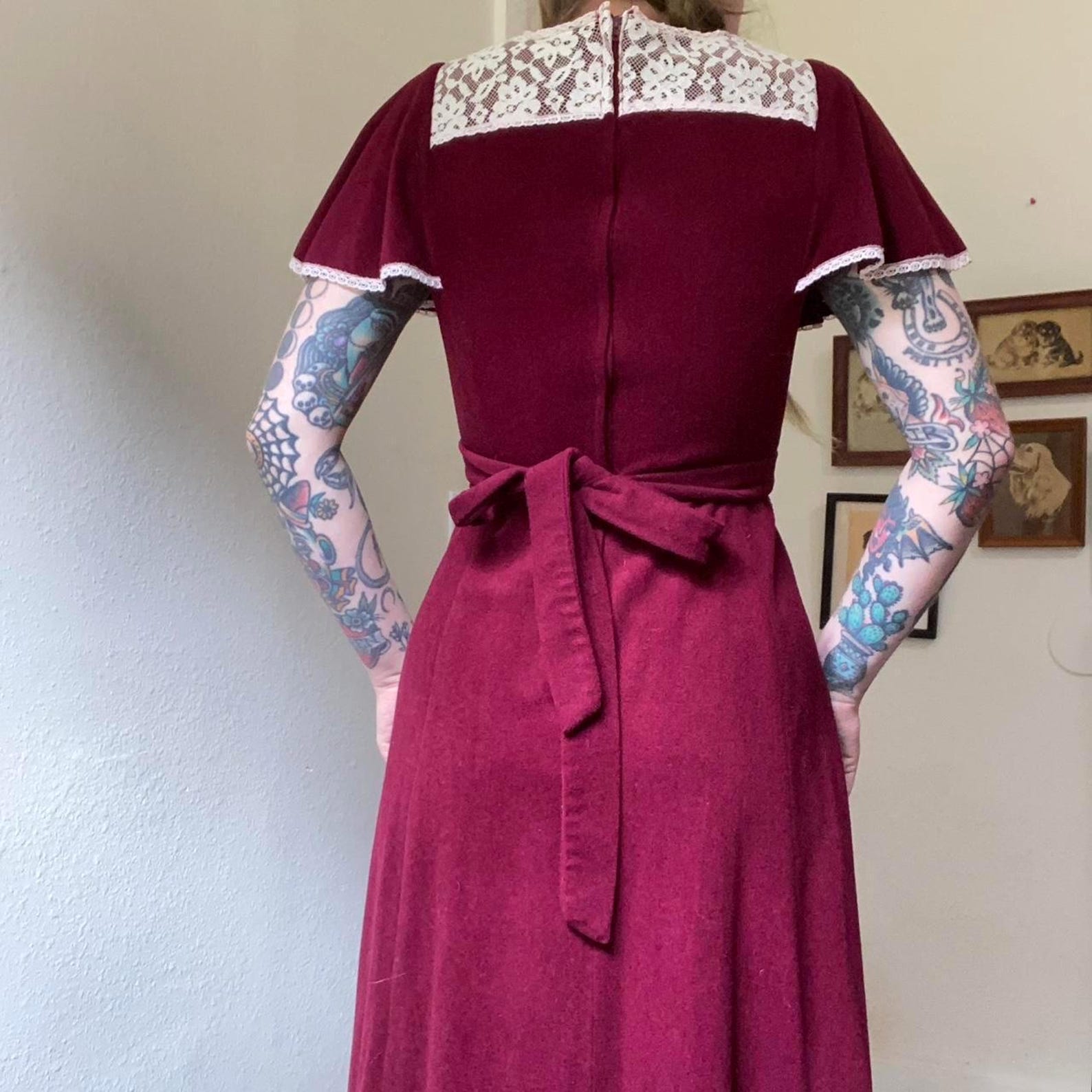 70s Vintage Burgundy and Lace Flutter Sleeve Babydoll Maxi Dress - Etsy