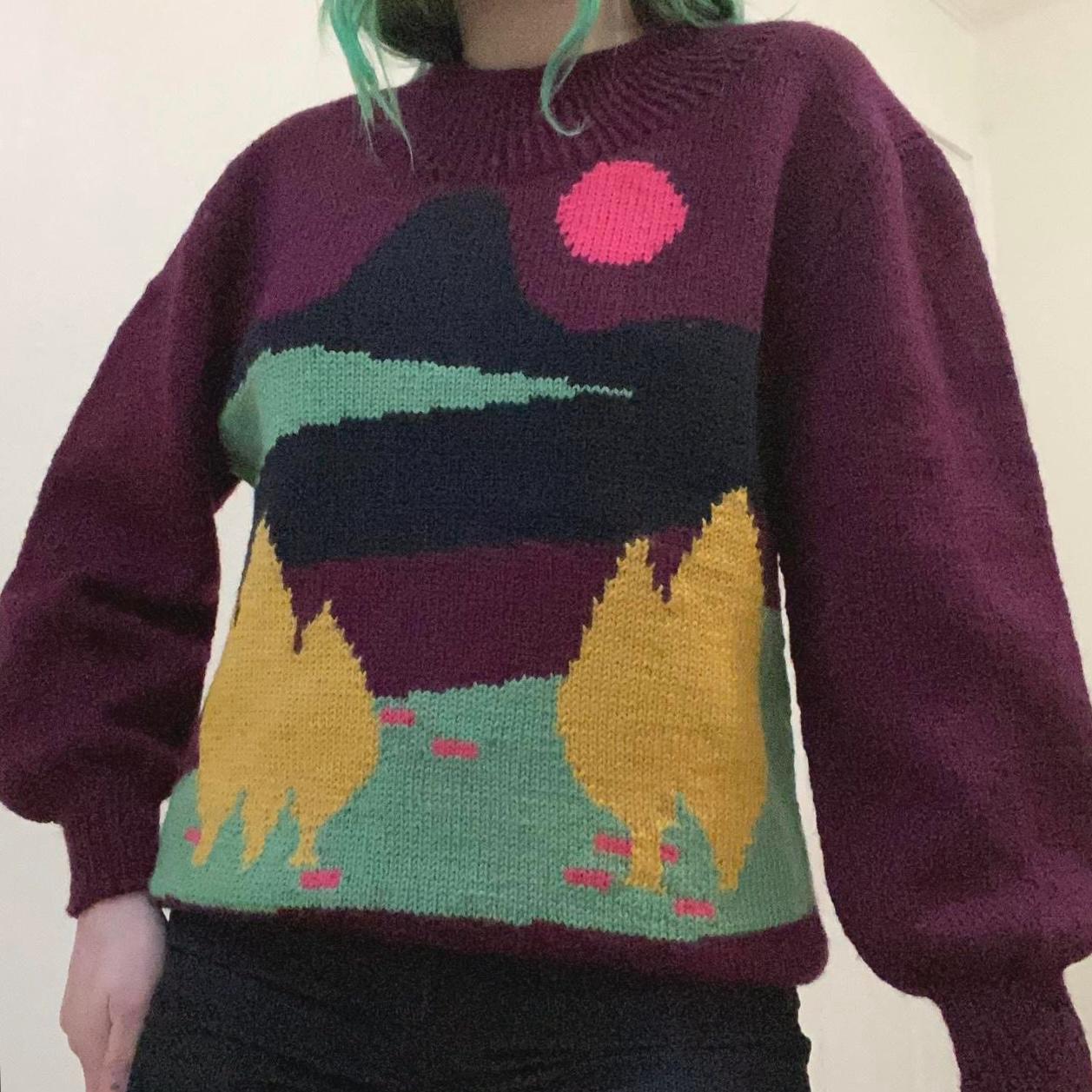 80s Vintage Handmade Scenic Skyline Chunky Knit Wool Mock Neck Sweater ...