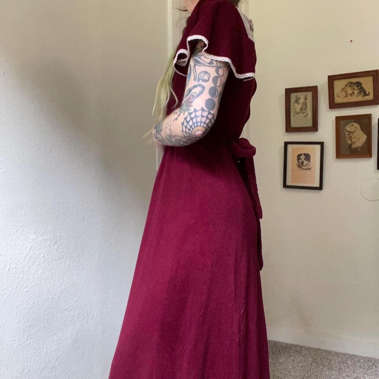 70s Vintage Burgundy and Lace Flutter Sleeve Babydoll Maxi Dress - Etsy