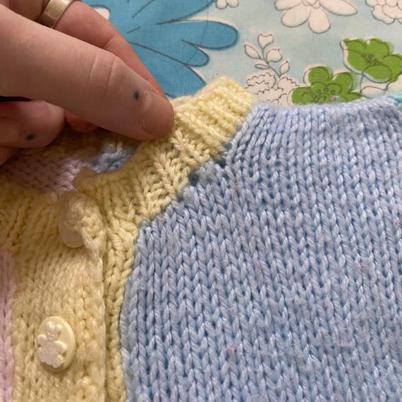 1960s vintage hand knit patchwork pastel clown baby o… - Gem