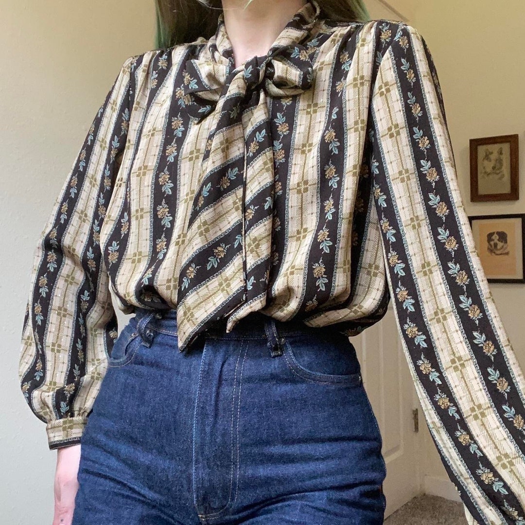 70s 80s Vintage Earthy Green Floral Print Bow Tie Collar Blouse - Etsy