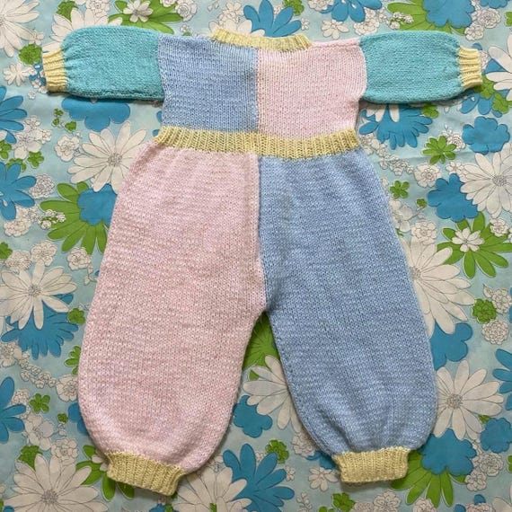 1960s vintage hand knit patchwork pastel clown baby o… - Gem