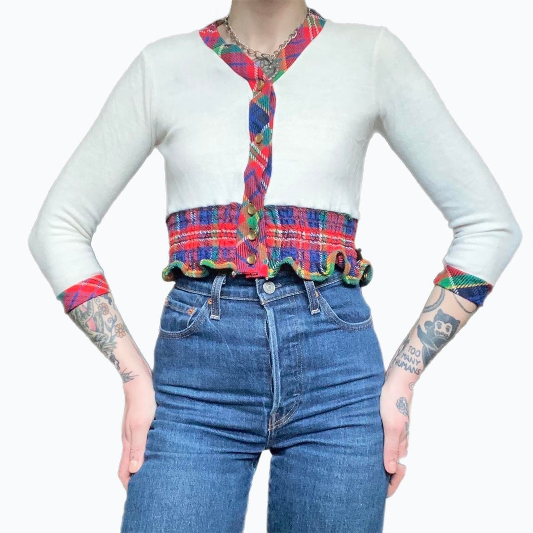 60’s 70’s Vintage Cropped Cardigan Sweater With Plaid Hem Details - Etsy