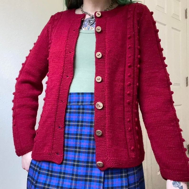 Vintage Deep Red/burgundy Handmade Popcorn Knit Cardigan Sweater - Etsy