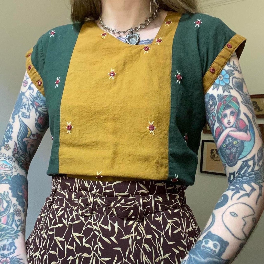 Vintage Forest and Olive Green Color Block Indian Top - Etsy