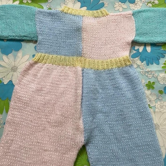 1960s vintage hand knit patchwork pastel clown baby o… - Gem