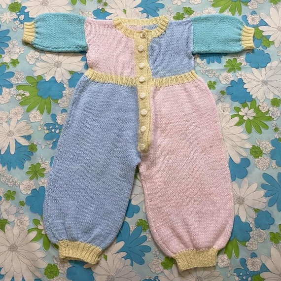 1960s vintage hand knit patchwork pastel clown baby o… - Gem
