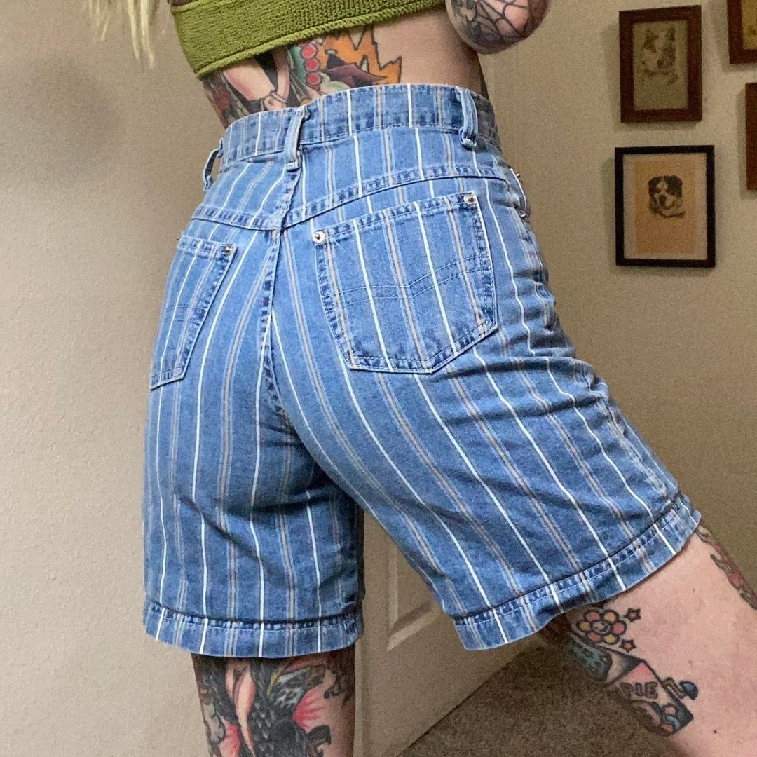 80s 90s Vintage Blue and Tan Striped Shorts - Etsy