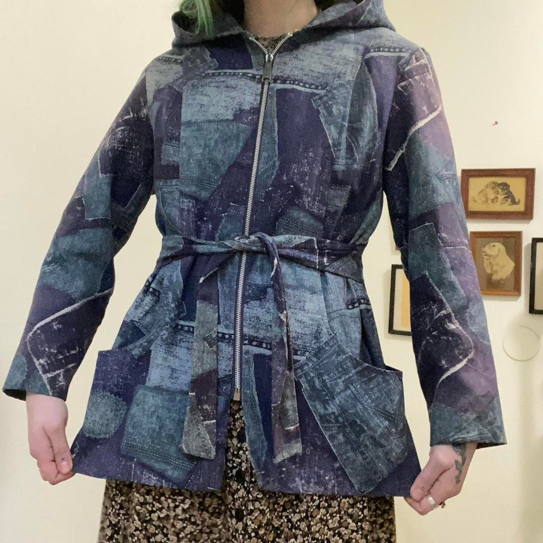 60s 70s Vintage Blue Denim Patchwork Print Jacket - Etsy