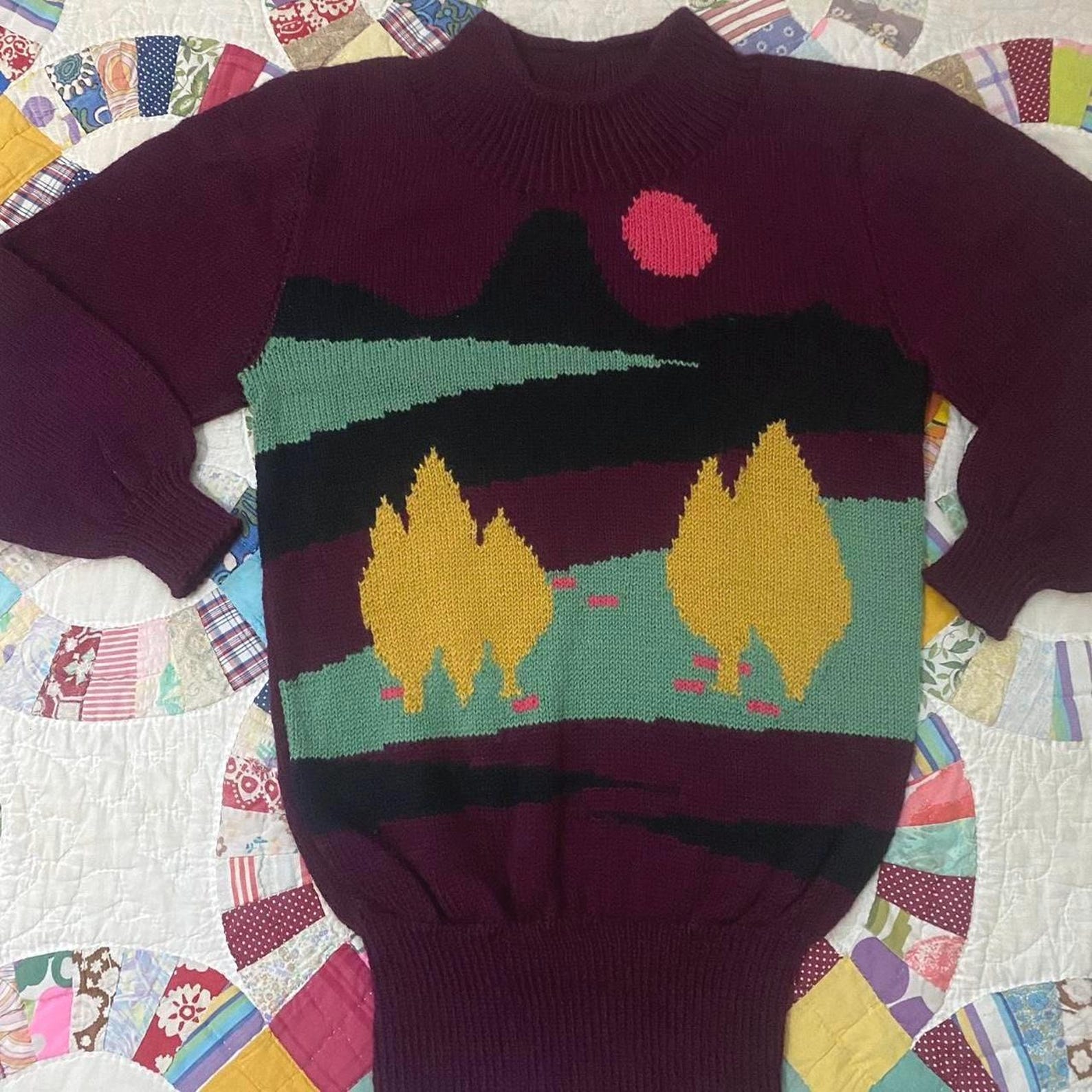 80s Vintage Handmade Scenic Skyline Chunky Knit Wool Mock Neck Sweater ...