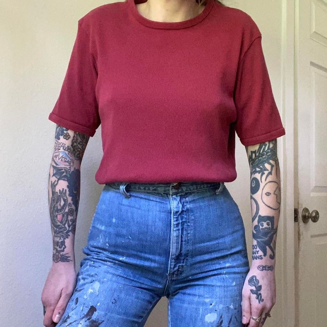 90s Y2K Brick Red Ribbed Cotton Blank Tee - Etsy