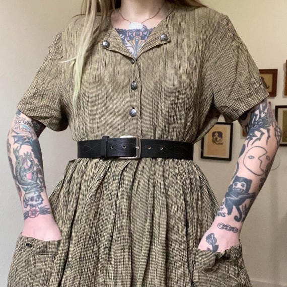 70s 80s vintage pale yellow and black micro gingham m… - Gem