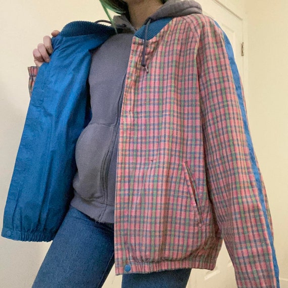 80s 90s vintage raglan blue pink and green reversible… - Gem