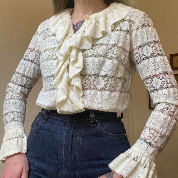 1960s vintage Malbe Original cream sheer lace ruffle … - Gem