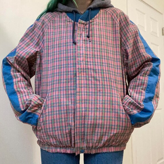 80s 90s vintage raglan blue pink and green reversible… - Gem