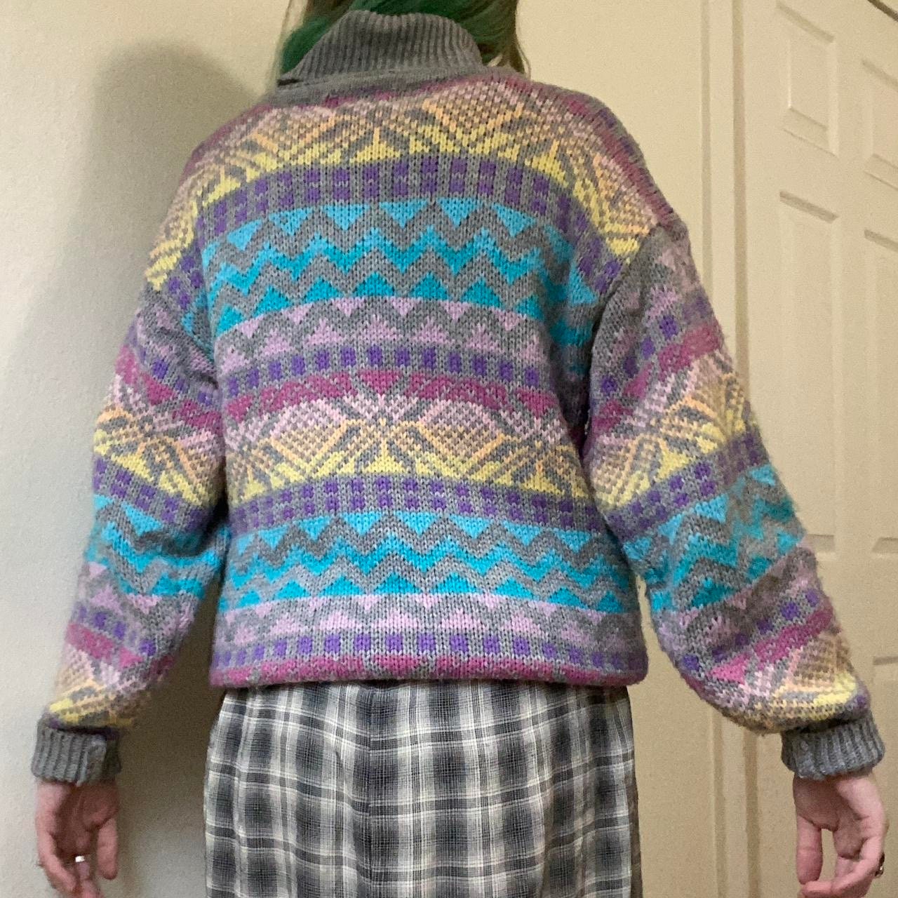 80s Vintage Gray Fair Isle Pastel Rainbow Chunky Turtleneck Sweater by ...