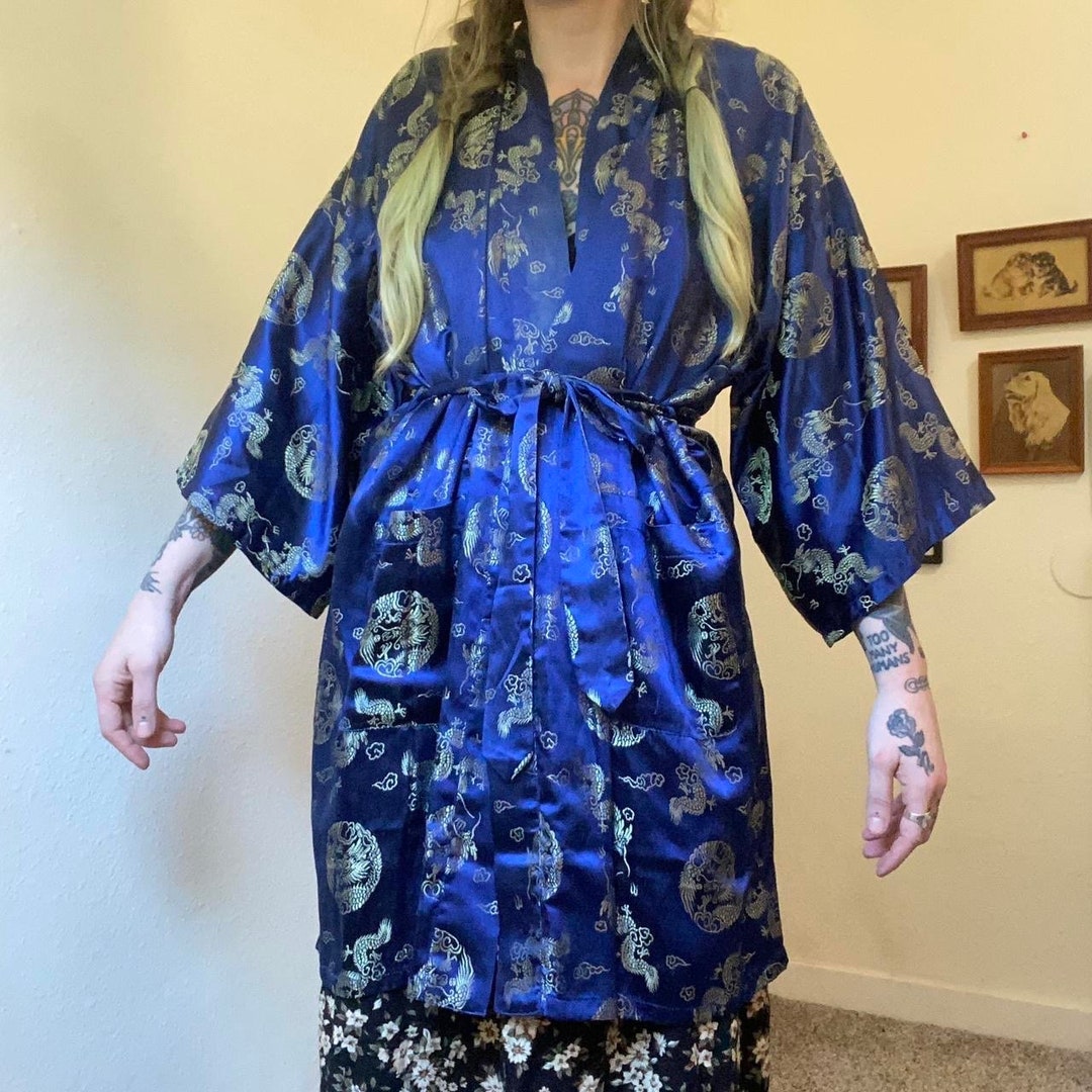 Vintage Royal Blue and Gold Embroidered Silky Oriental Dragon Brocade ...