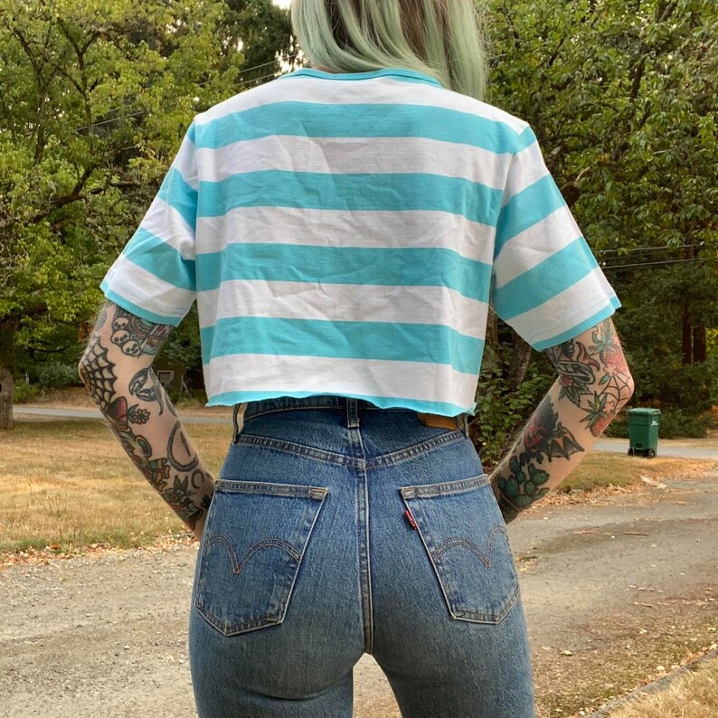 80s Vintage Chunky Sky Blue and White Stripe Daisy Embroidered Crop Top ...