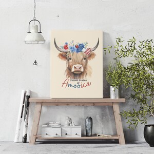 Patriotic Highland Cow Canvas Wall Art Print - Farmhouse Decor-country ...