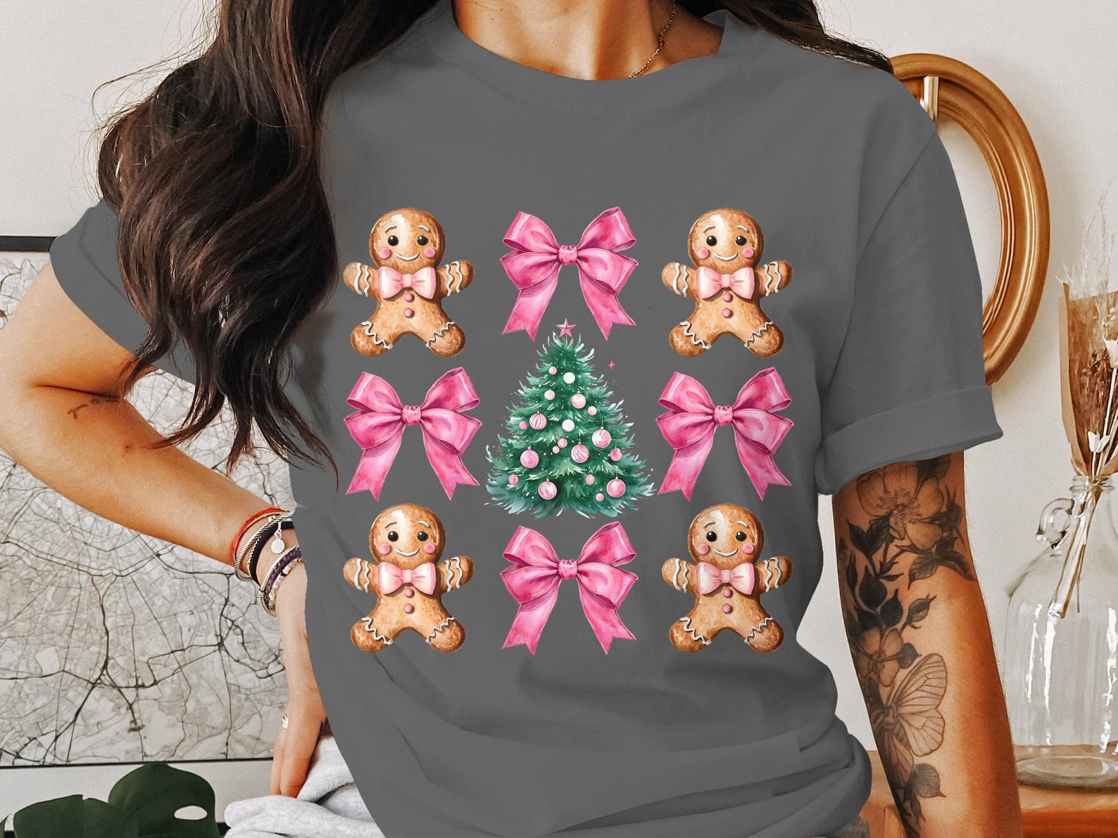 Gingerbread Christmas Tree Png, Cute Pink Bows Holiday Png, Festive ...