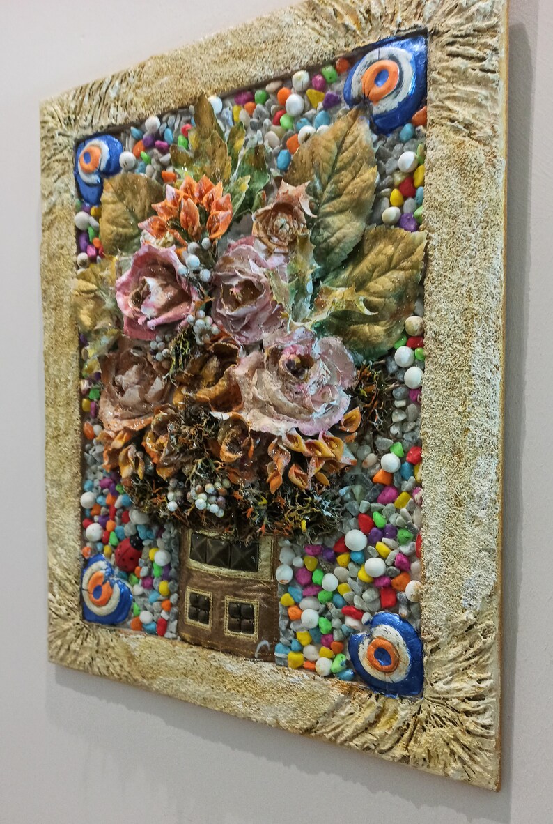 Pink Artificial Flower Arrangement Colored Stones, Assemblage Art/mixed ...