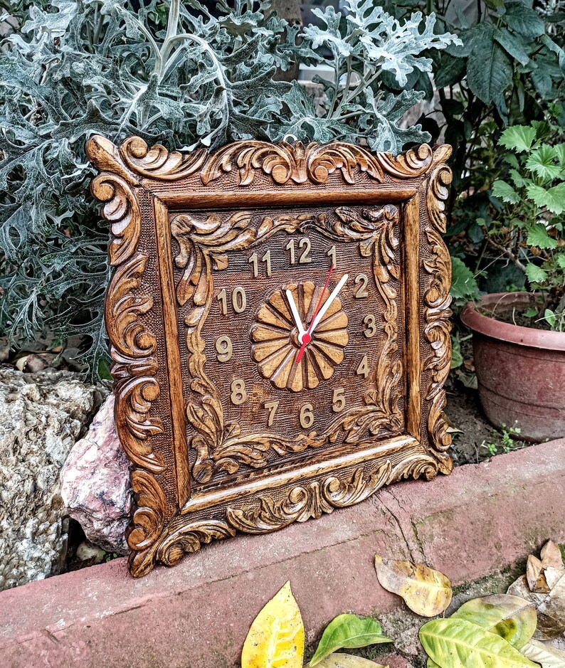 Wooden Hand Carved Wall Clock Engraved Patterns Vintage Anatolian ...