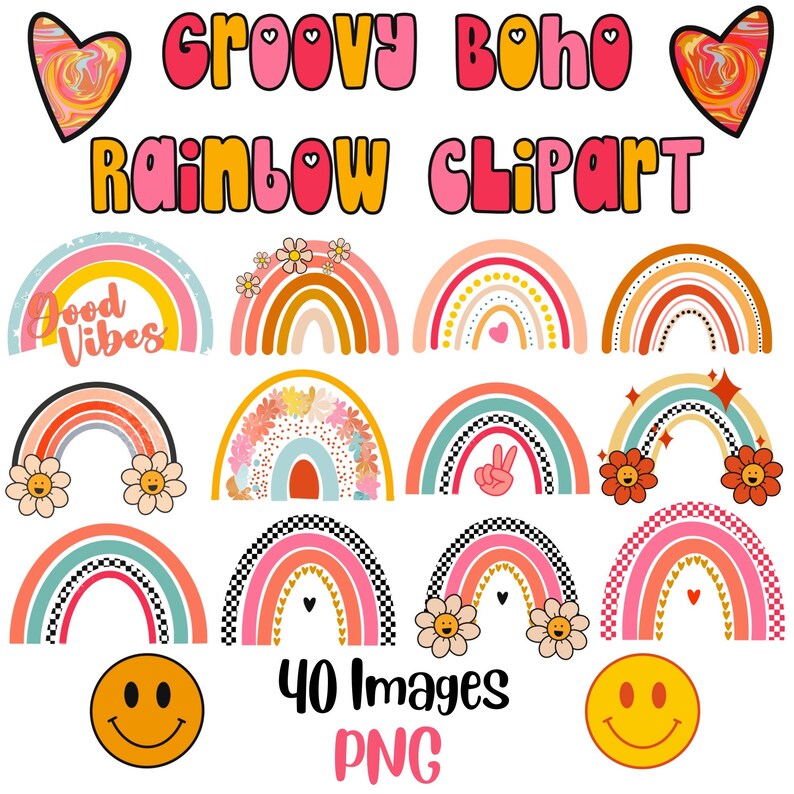 Groovy Boho Rainbow | Retro Rainbow | Groovy Rainbow | Retro Clipart ...