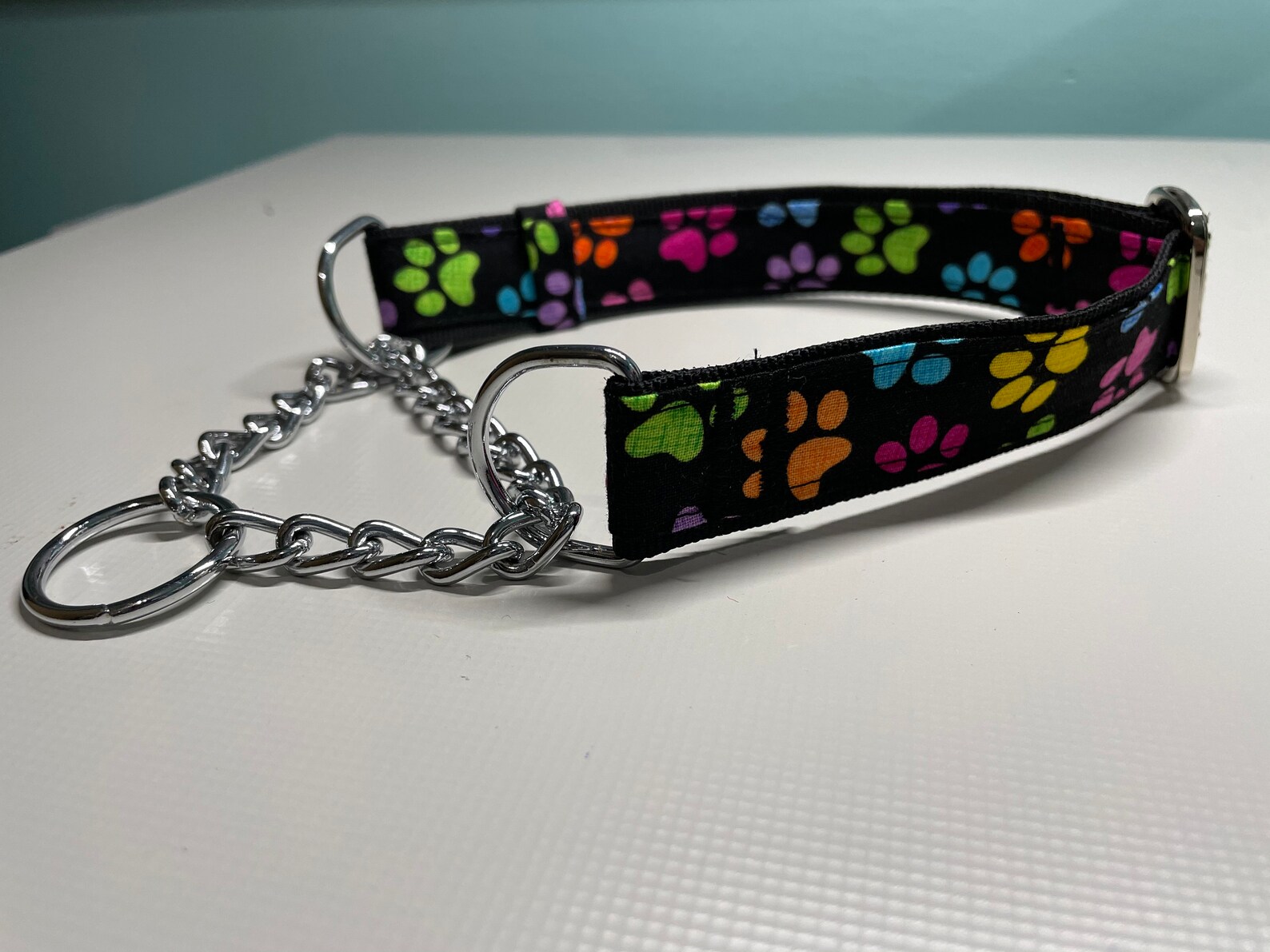 Dog Collar Half Check Choke Chain in Black Rainbow Paws Design ...