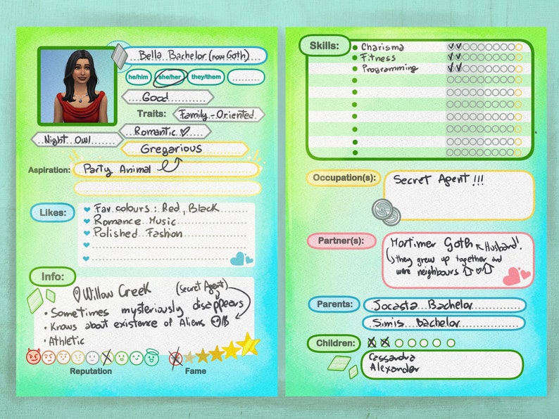 Sims Character Sheet Digital Download Ready to Print Inspired by the ...