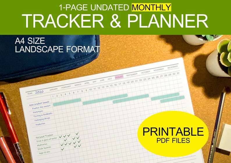 Monthly Tracker Planner Undated 1-page for Tracking Mood, Habit Gantt ...