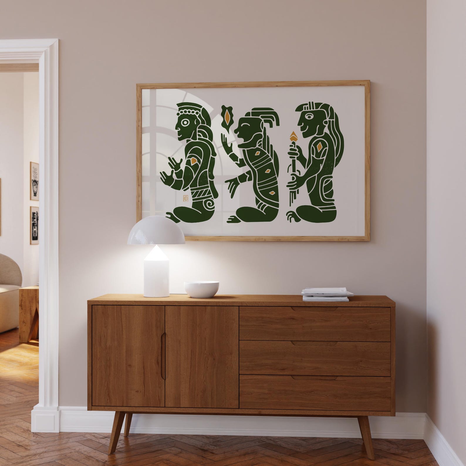 Emerald Green Mayan Art, Cultural Home Decor, Hand Drawn Horizontal ...