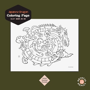 Dragon Coloring Page, Japanese Printable Fantasy Art, Relaxing Coloring ...