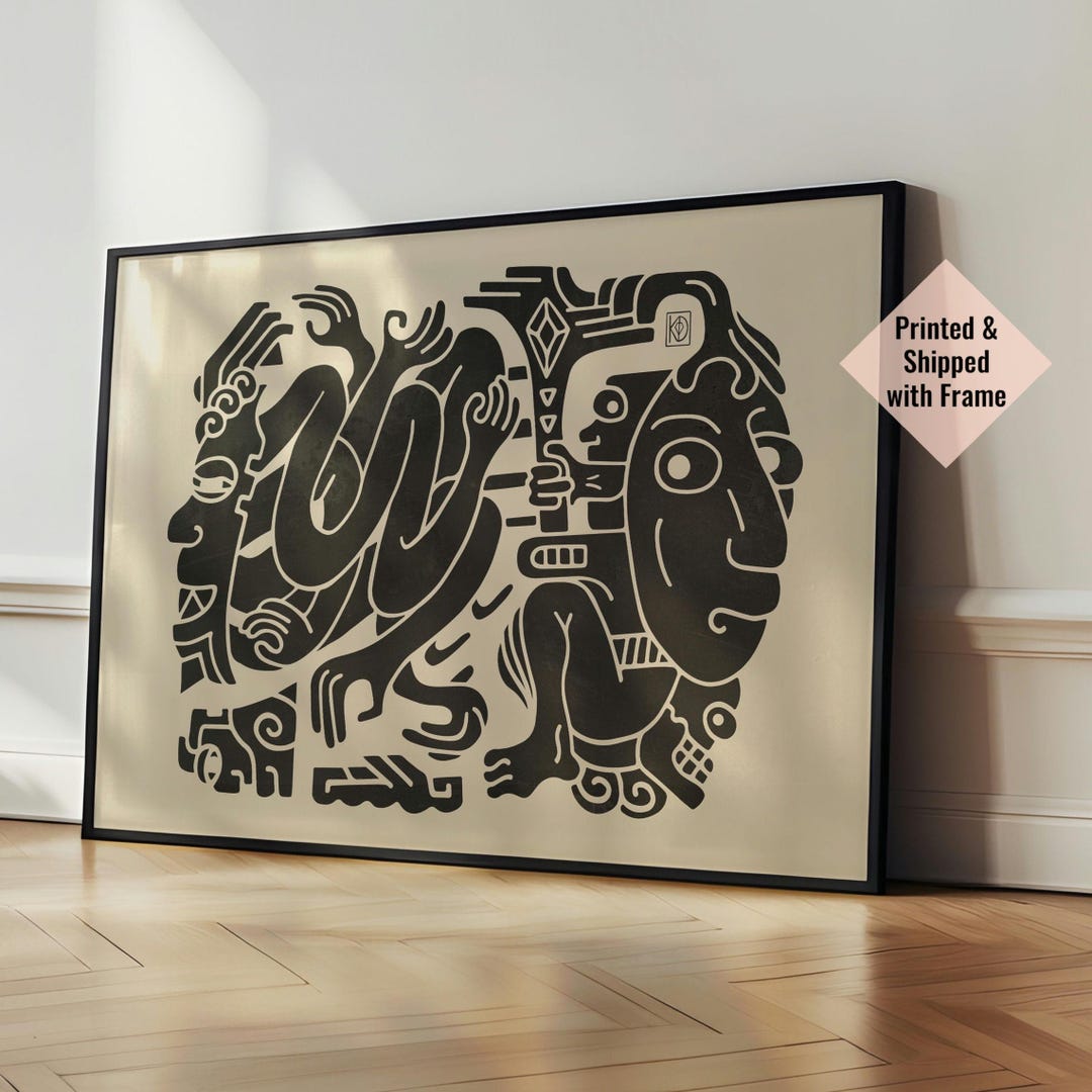 Mayan Art Print, Black Framed Print, Aztec Print, Black and Beige Art ...