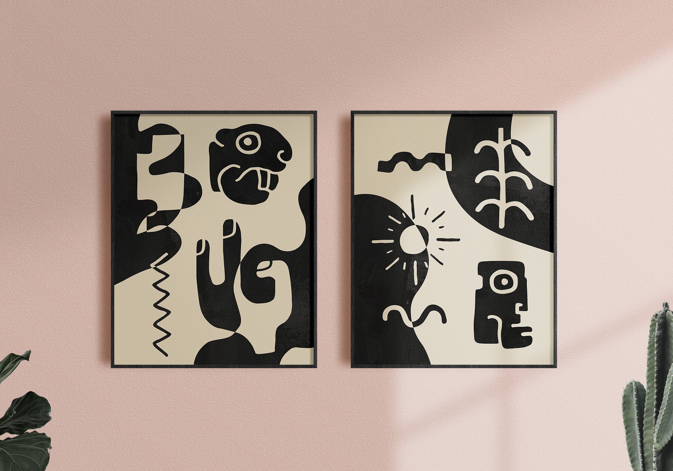 Mayan Abstract Art Prints: Beige Black Wall Decor, Set of 3 ...