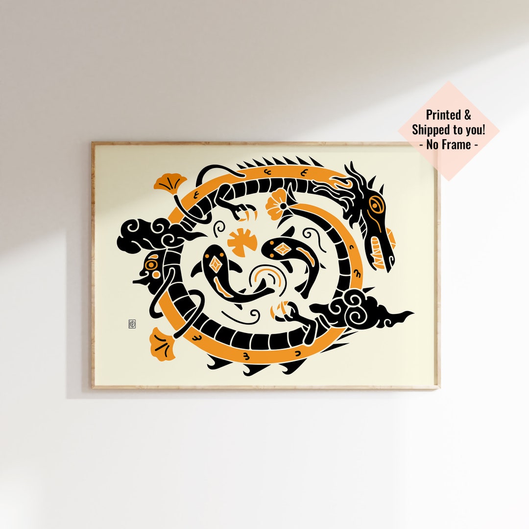 Japanese Dragon Art, Physical Print, Koi Fish Wall Art, Dragon Art ...