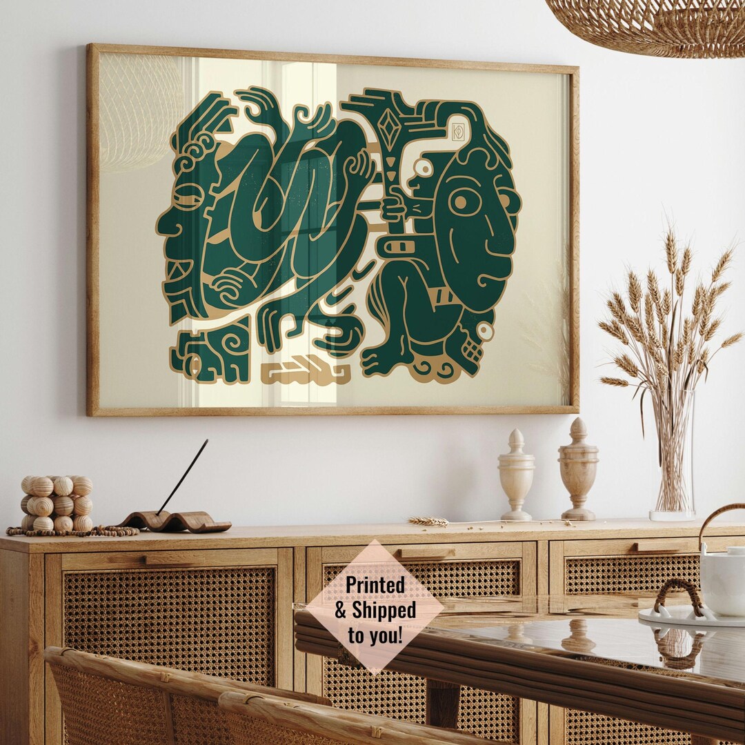 Southwestern Aztec Print, Horizontal Wall Art, Green and Gold Decor ...