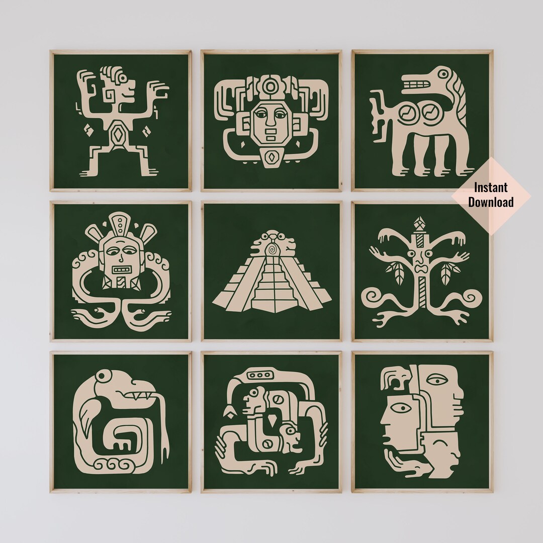 Aztec Ethnic Art, Set of 9 Square Prints, Abstract Eclectic Decor ...