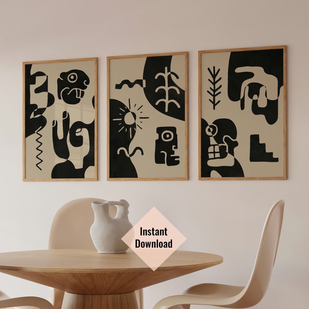Mayan Abstract Art Prints: Beige Black Wall Decor, Set of 3 ...