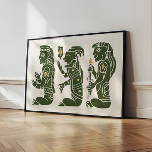 Emerald Green Mayan Art, Cultural Home Decor, Hand Drawn Horizontal ...
