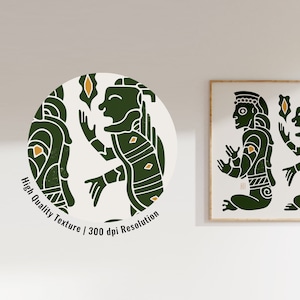 Emerald Green Mayan Art, Cultural Home Decor, Hand Drawn Horizontal ...