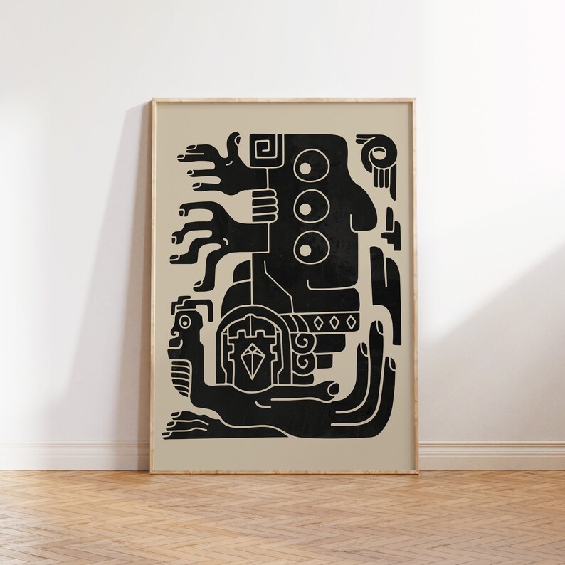 Mesoamerican Aztec Wall Art, Mayan Inspired Hand Drawn Poster, Boho ...
