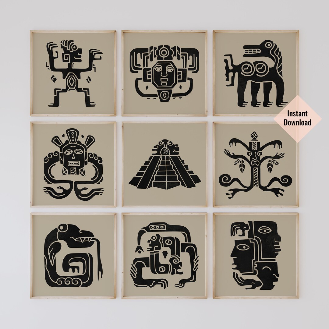 Mayan Art, 20x20 Posters, Set of 9 Square Prints, Aztec Wall Decor ...