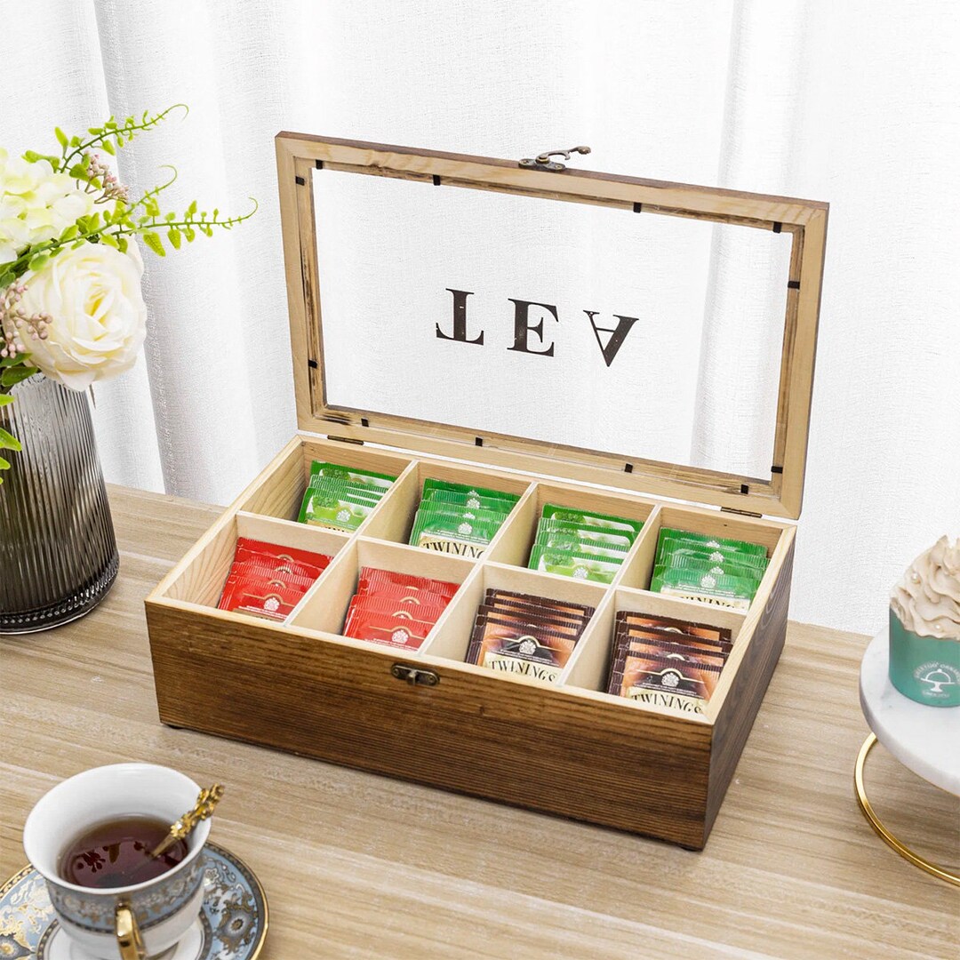 Wooden Tea Box With 8 Compartments and Lid, Tea Bag Organizer Useful ...