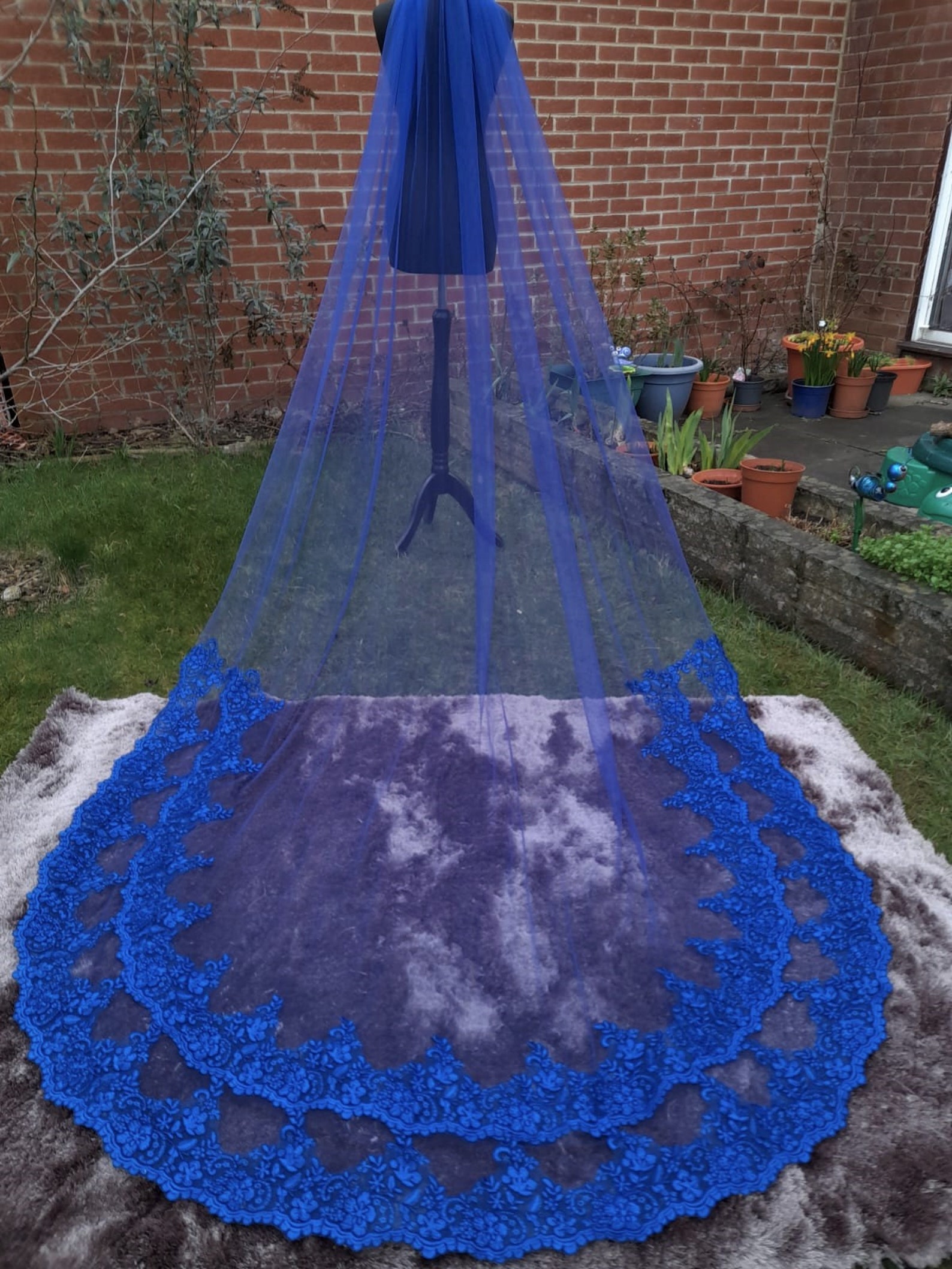 Royal Blue Veil With Lace Edge,cathedral Veil With Comb - Etsy