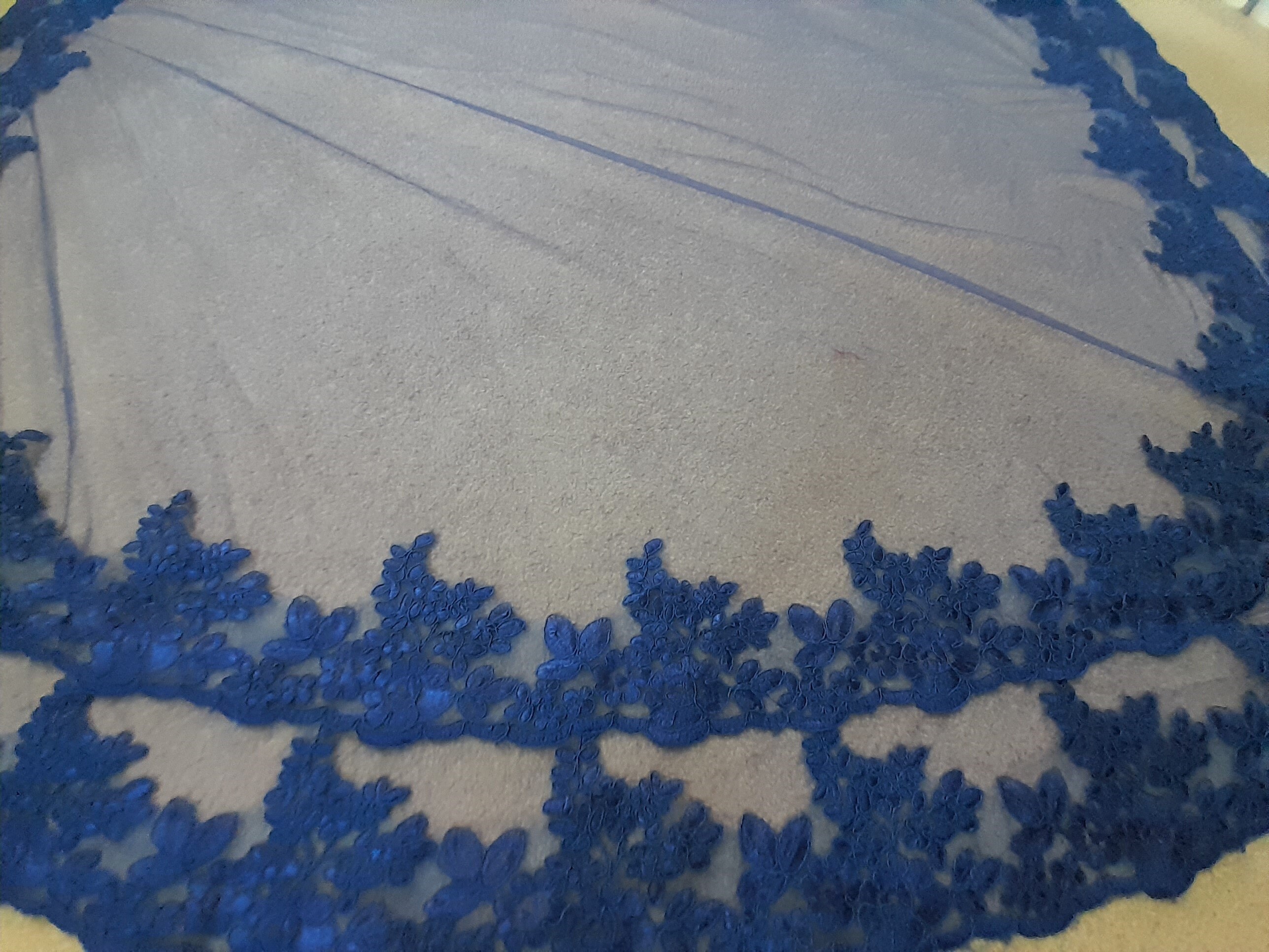 Royal Blue Veil With Lace Edge,cathedral Veil With Comb - Etsy