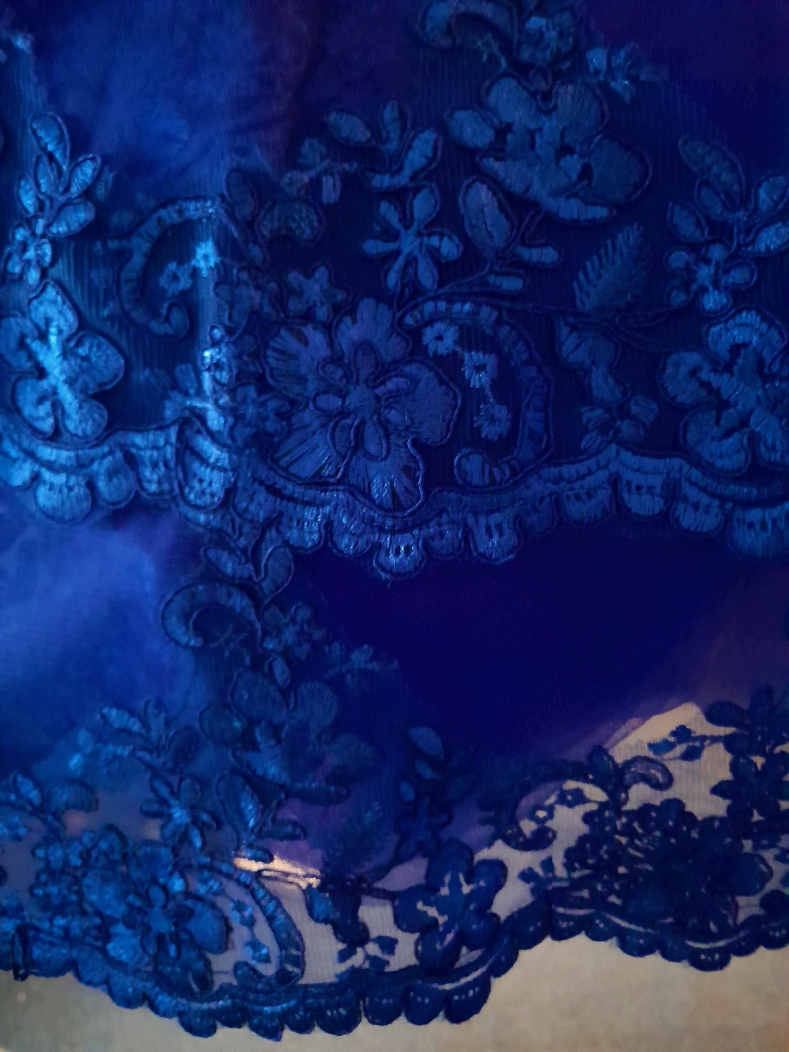 Royal Blue Veil With Lace Edge,cathedral Veil With Comb - Etsy